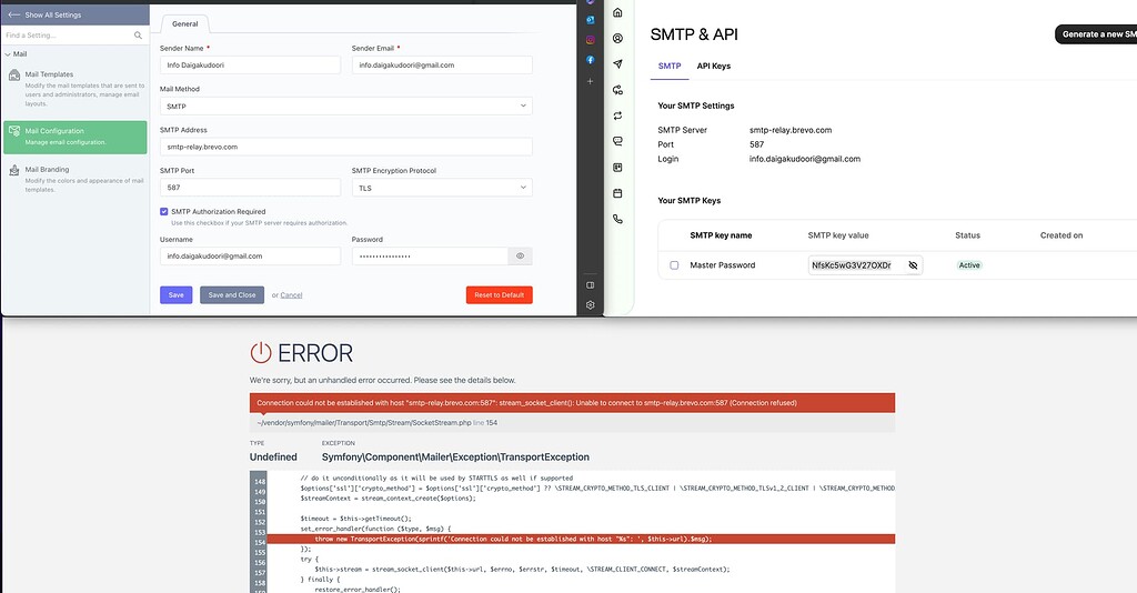 Mail Configuration Error: Unable to connect to smtp-relay.brevo.com:587 (Connection refused ...